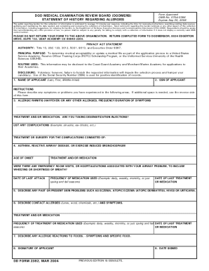 Fillable Online DD Form 2382, DODMERB Statement of History Regarding ...