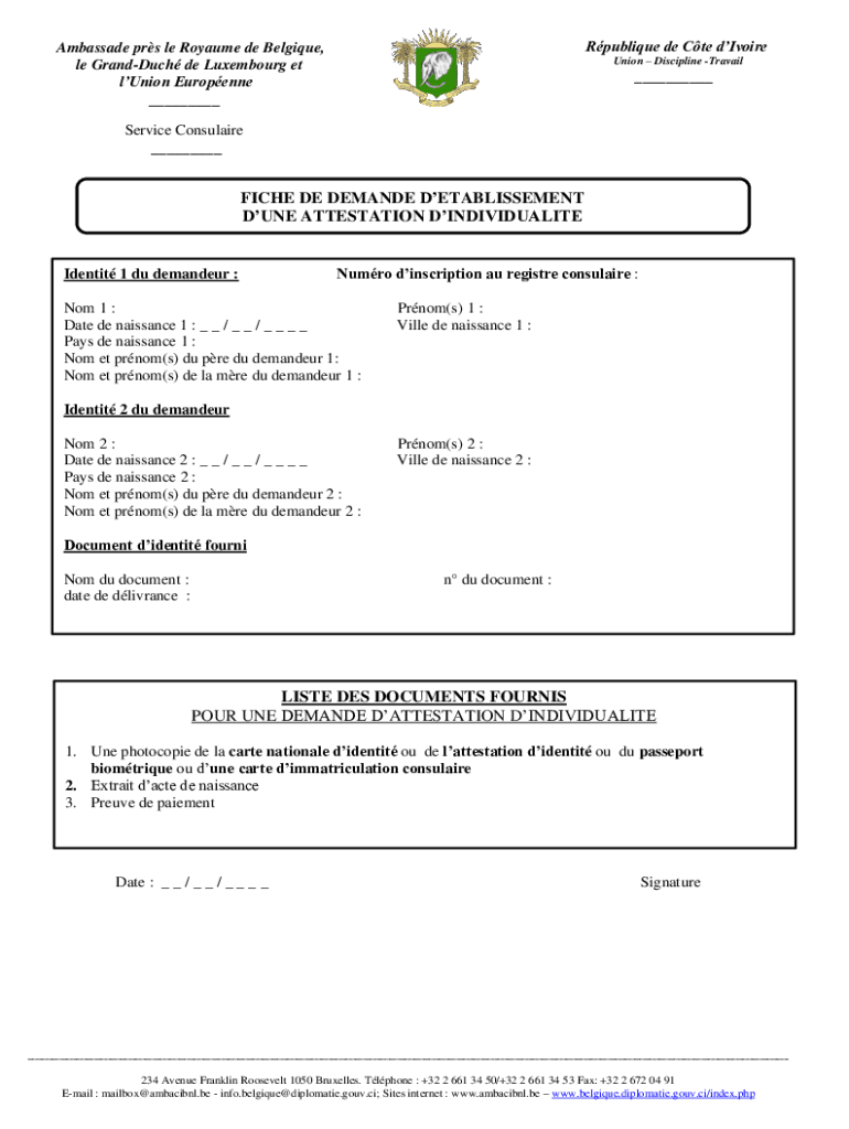 Remplissable En Ligne FICHE DE DEMANDE D'ETABLISSEMENT D'UNE ...