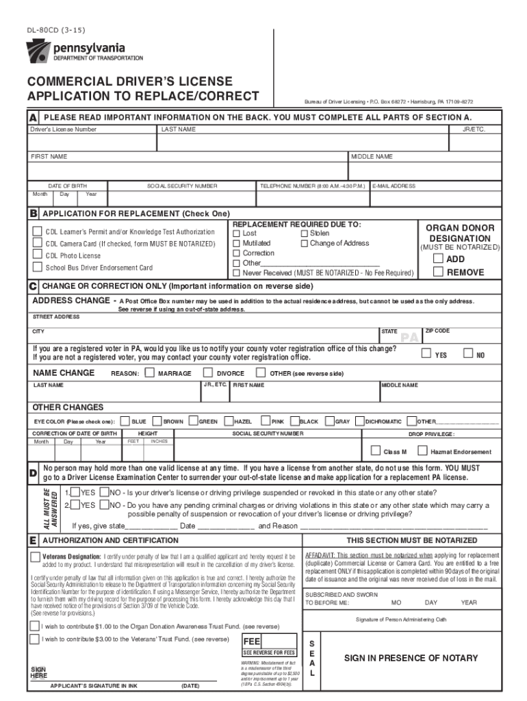 Fillable Online PA Form/DL... COMMERCIAL DRIVERS LICENSE APPLICATION TO ...