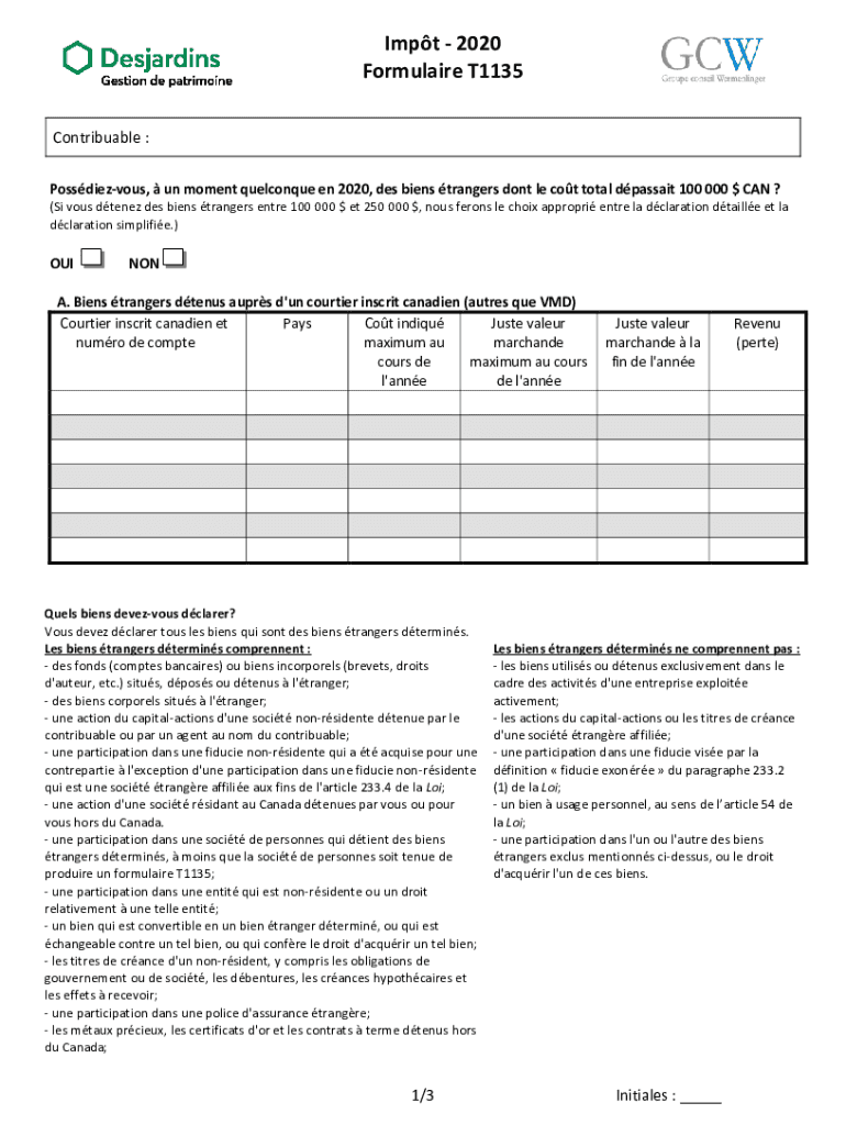 Fillable Online Income Tax 2020 Foreign Property T1135 - wermenlinger ...