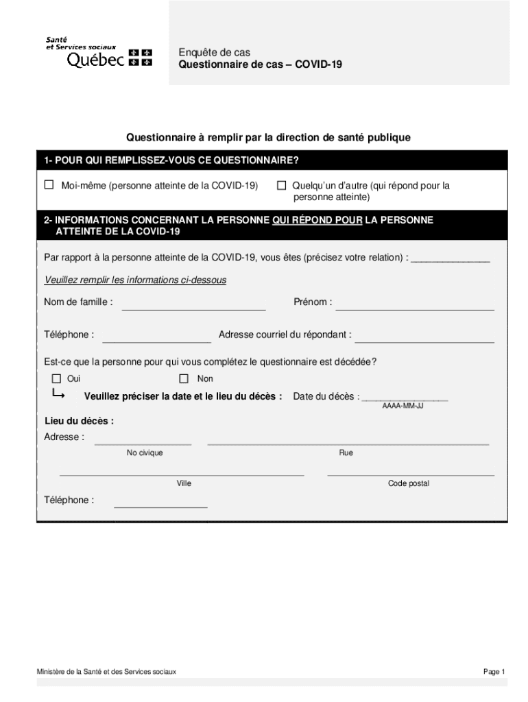 Fillable Online msss gouv qc Questionnaire de cas - COVID-19 - Ministre de la Sant et ... Fax ...