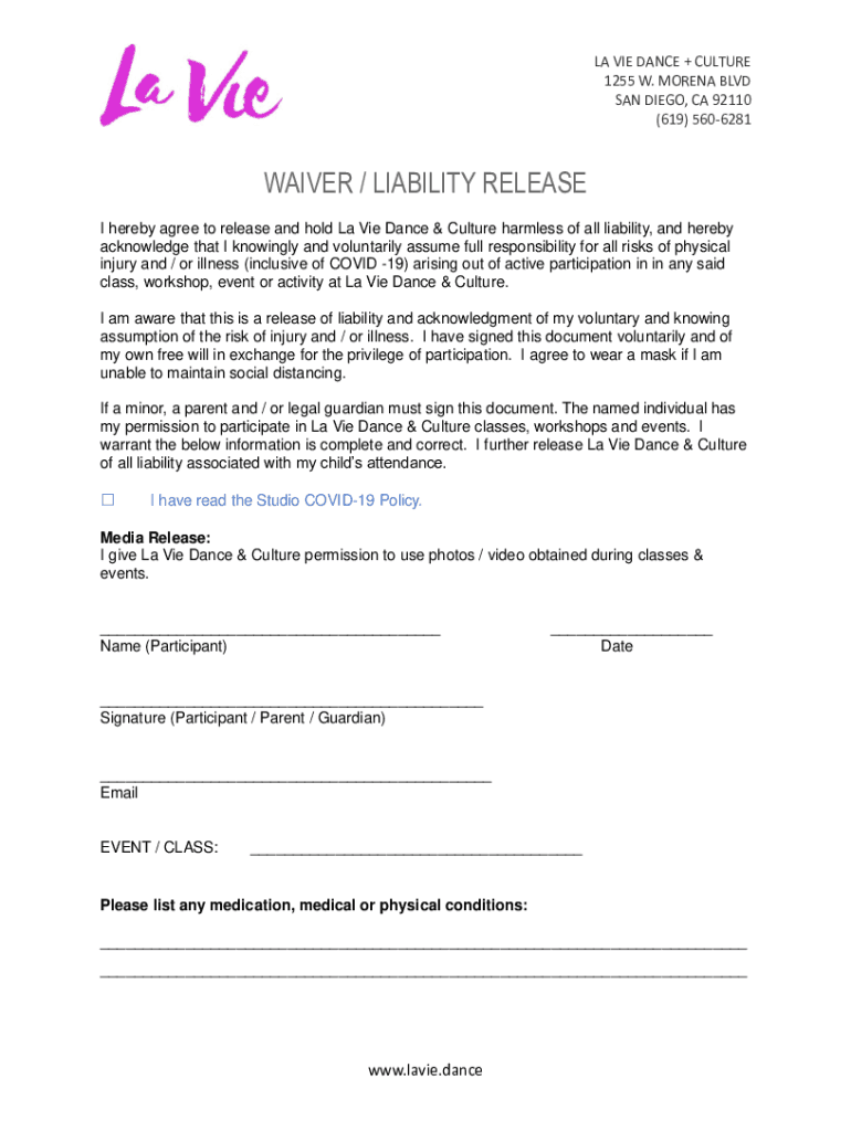 Fillable Online waiver / liability release - La Vie Dance & Culture Fax ...