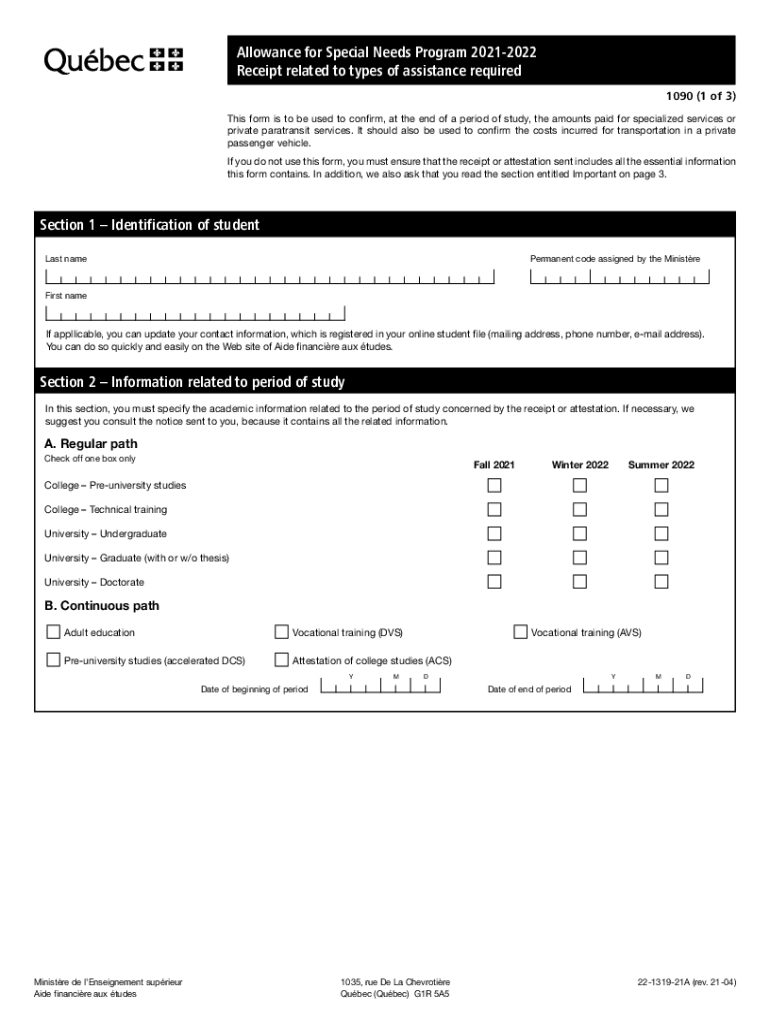Fillable Online Allowance for Special Needs Program 2021-2022 - Receipt ...