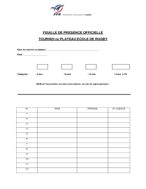 Fillable Online Feuille de prsence Tournoi ou plateau Ecole de Rugby ...