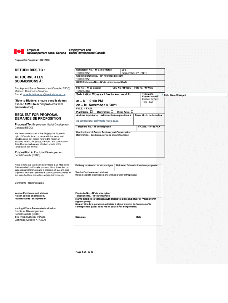 Fillable Online RETURN BIDS TO : RETOURNER LES SOUMISSIONS : N de l ... Fax Email Print - pdfFiller