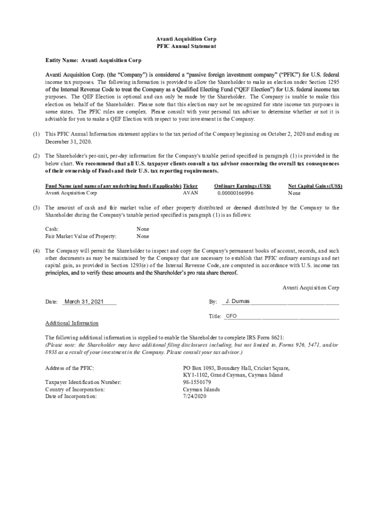 Fillable Online Avanti Acquisition Corp Class A outside - PFIC Annual ...