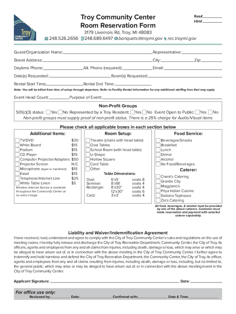 Fillable Online Troy Community Center Room Reservation Form Fax Email ...