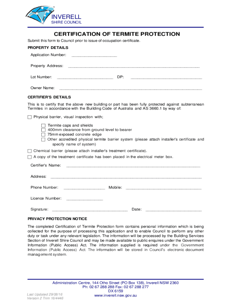 Fillable Online Certification of Termite Protection Form - inverell.nsw ...
