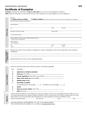 Fillable Online Form ST3 Minnesota Certificate of Exemption. Form ST3 ...