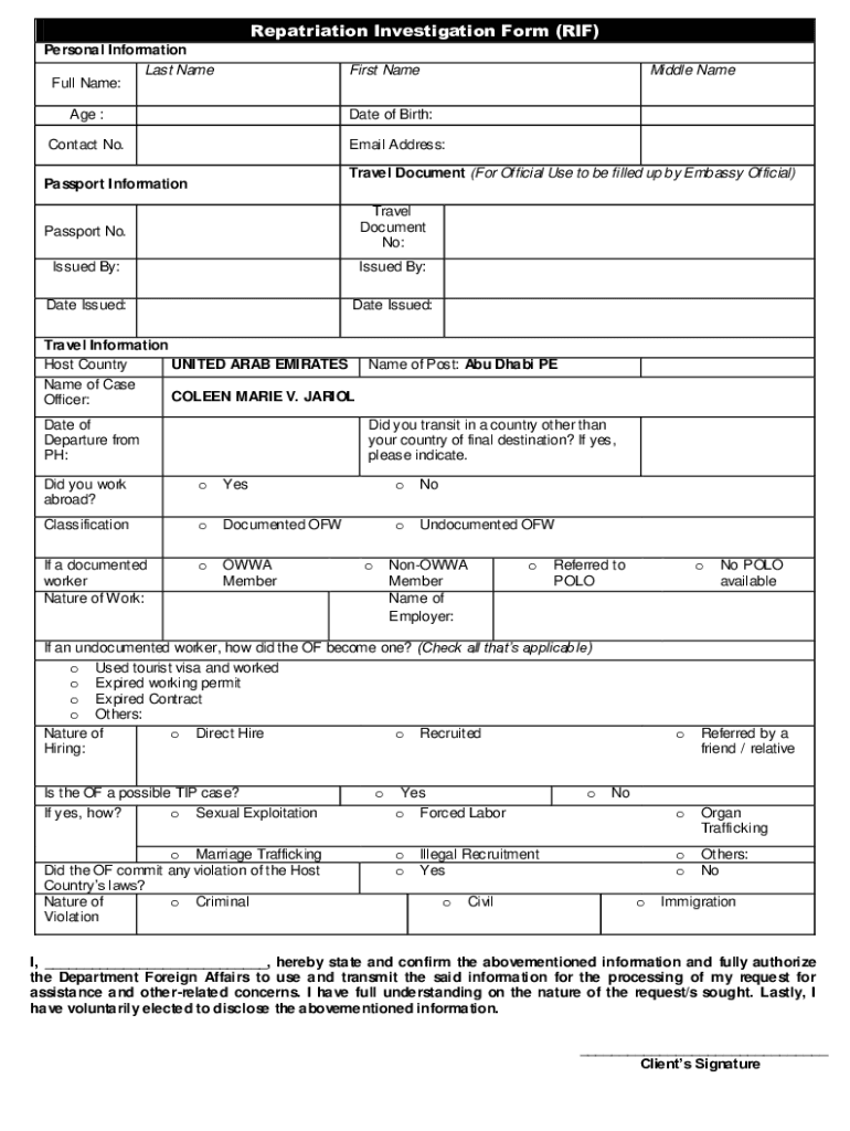 Fillable Online Repatriation Investigation Form (RIF) - abudhabipe.dfa ...
