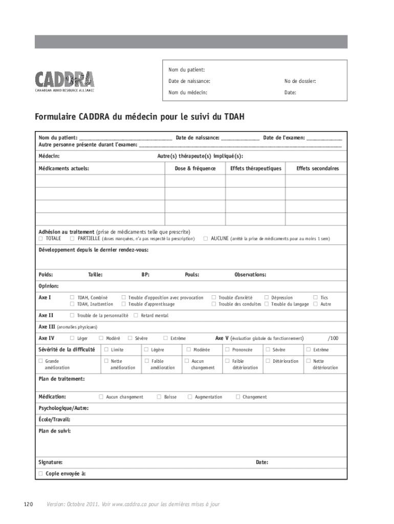 Fillable Online Formulaire CADDRA du mdecin pour le suivi du TDAH Fax ...