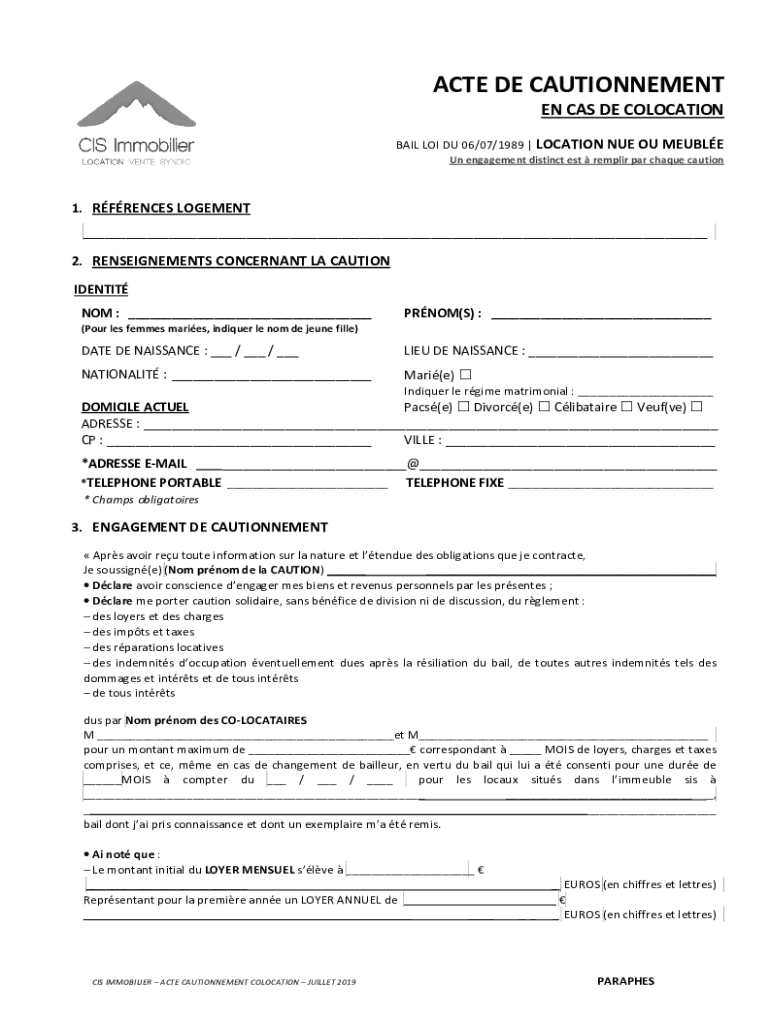 Acte de Cautionnement en Cas de Colocation - Modèle vierge à remplir ...
