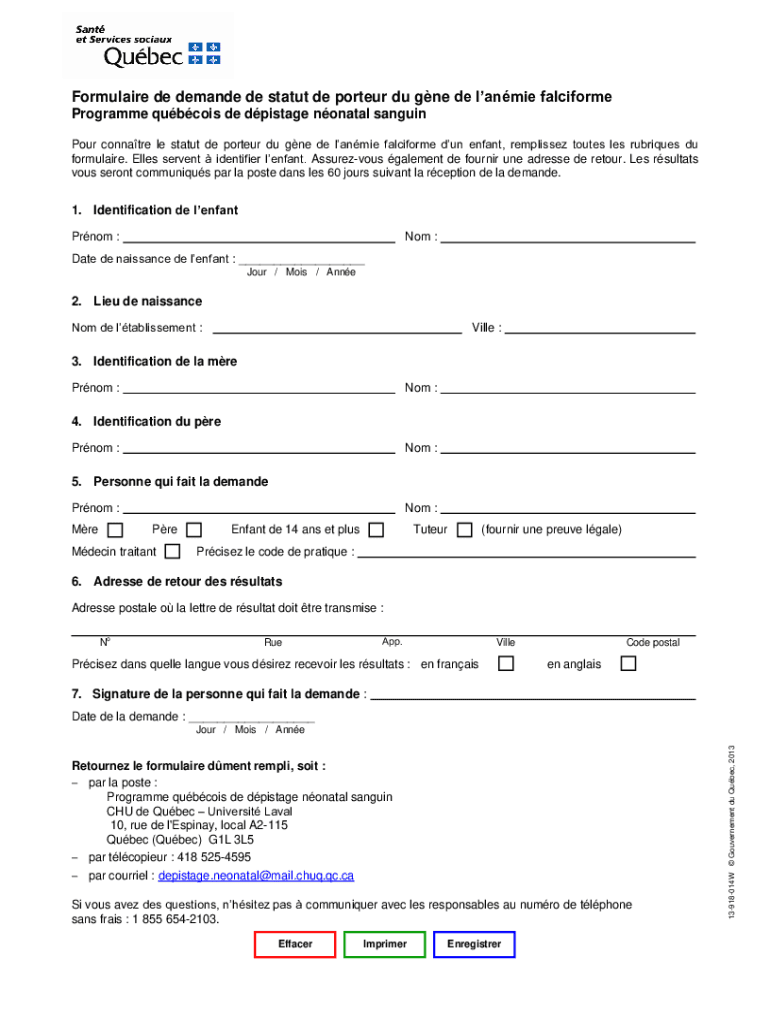 Fillable Online publications msss gouv qc Formulaire de demande de statut de porteur du gne de l ...