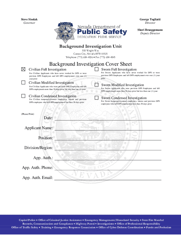 Fillable Online dps nv Fillable Online Background Investigation Cover ...
