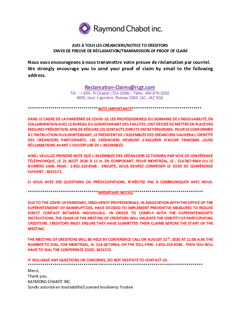 Fillable Online AVIS DE LA PROPOSITION AUX CRANCIERS - Raymond Chabot inc. Fax Email Print ...