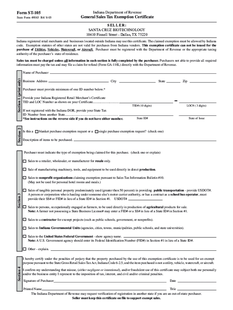 Fillable Online Fillable Online Form ST-105 Indiana Department of ...