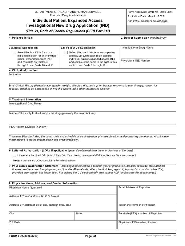 Fillable Online FORM FDA 3926. Individual Patient Expanded Access ...