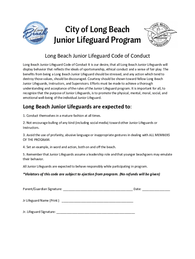 Fillable Online JUNIOR LIFEGUARDS - Lifeguard Patrol - The City of Long ...