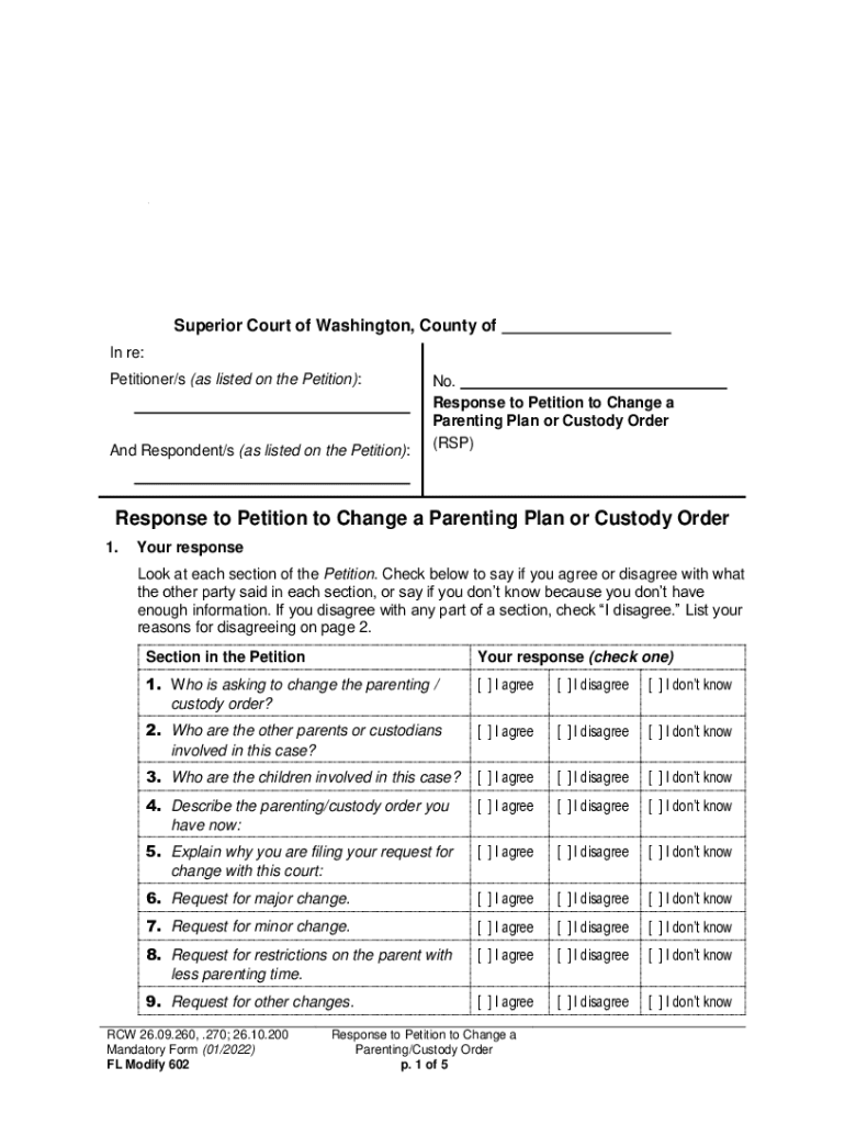 Fillable Online Response to Petition to Change a Parenting Plan or ...