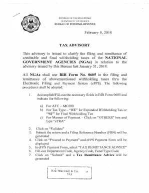 Fillable Online February 8, 2018 TAX ADVISORY BIR Form No. 0605 Fax ...