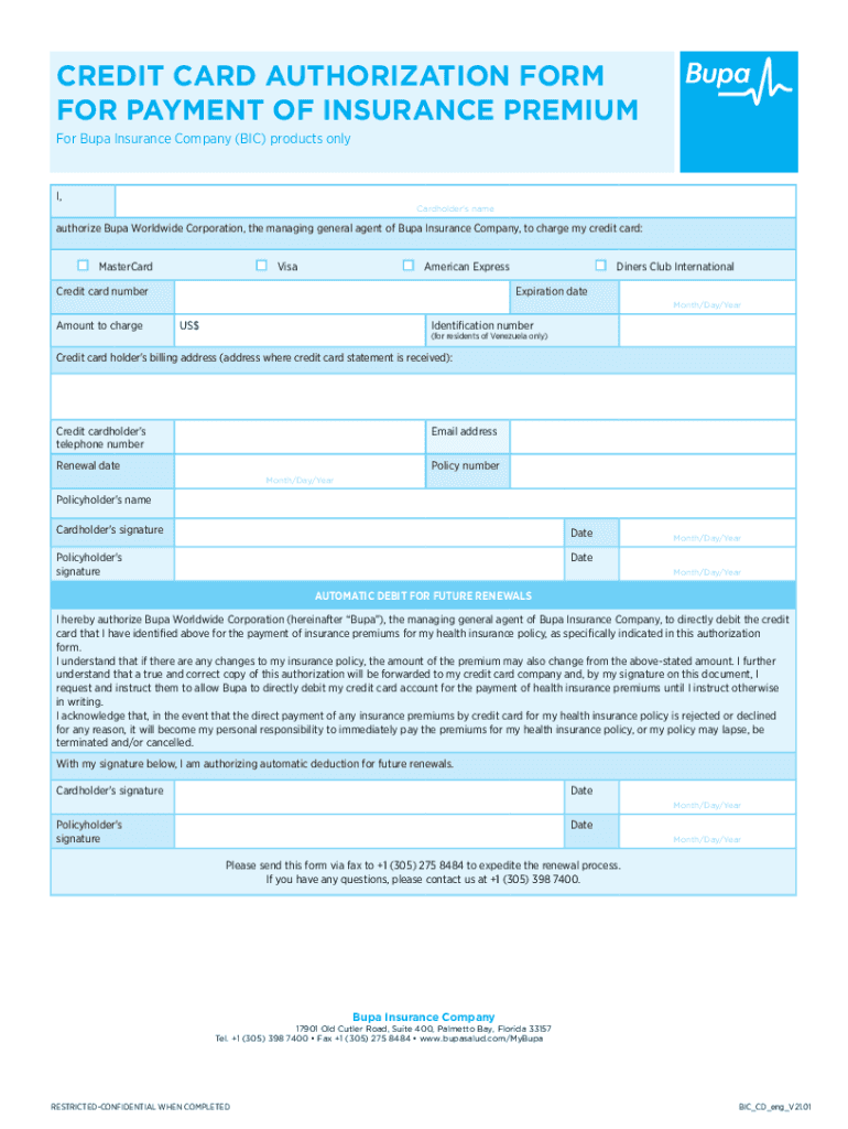 Fillable Online CREDIT CARD AUTHORIZATION FORM FOR PAYMENT OF INSURANCE ...