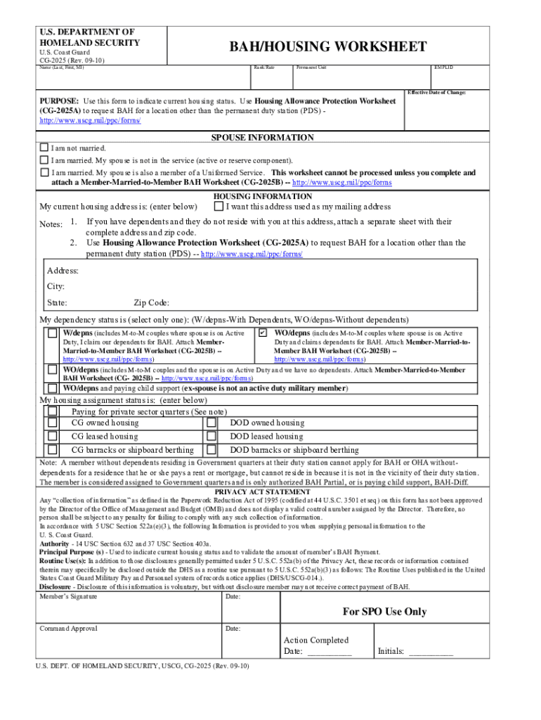 Fillable Online Fillable Online CG-2025. BAH/HOUSING WORKSHEET Fax ...