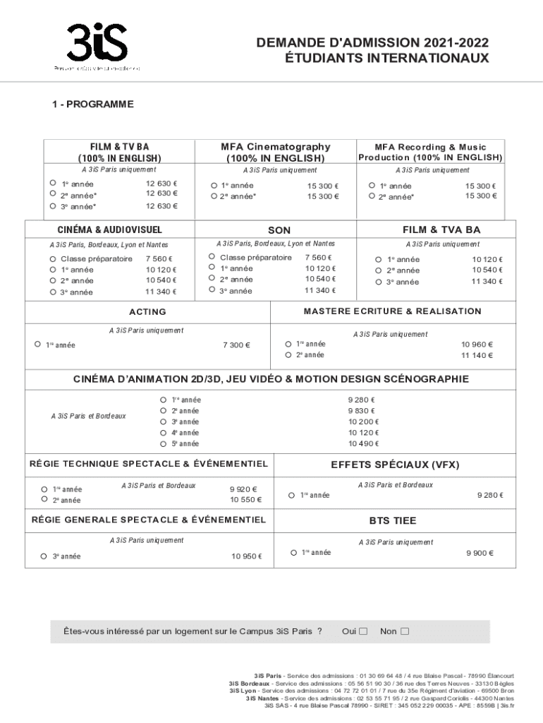 Fillable Online 3IS Ecole et Formations de Cinma, Animation et ... Fax ...