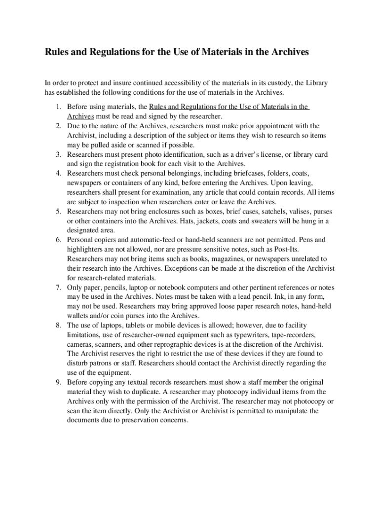 Fillable Online Rules and Regulations for the Use of Materials in the ...