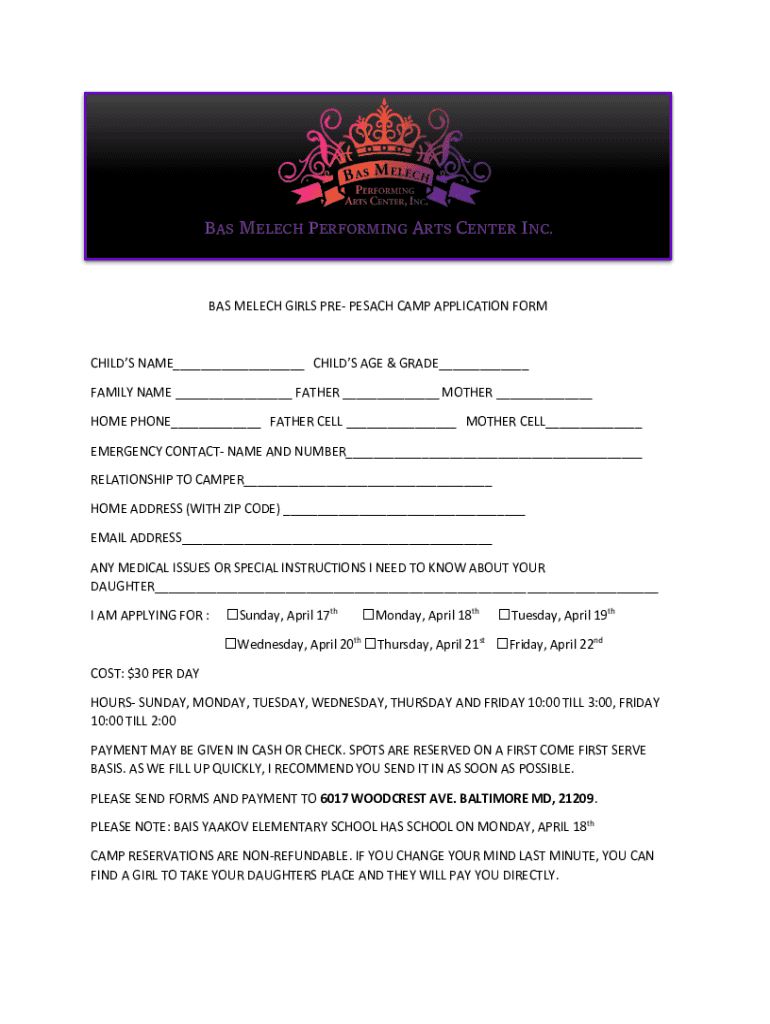 Fillable Online Bas Melech Pre-Pesach Camp Application 2 .pdf Fax Email ...