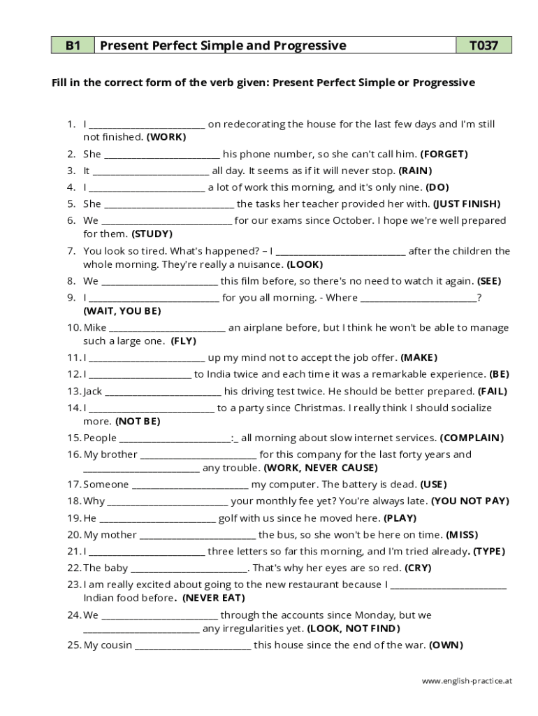 Fillable Online Present Perfect Tense- PDF Grammar Worksheet - B1 ...