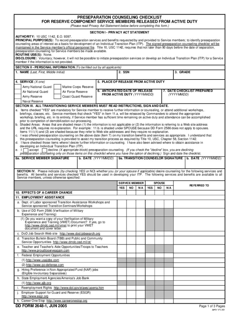 Fillable Online Dd Form 2648-1 - Preseparation Counseling Checklist For ...