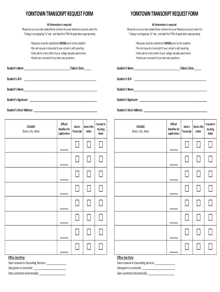 Fillable Online yhs apsva 2021 Transcript Request Form to print Fax Email Print - pdfFiller