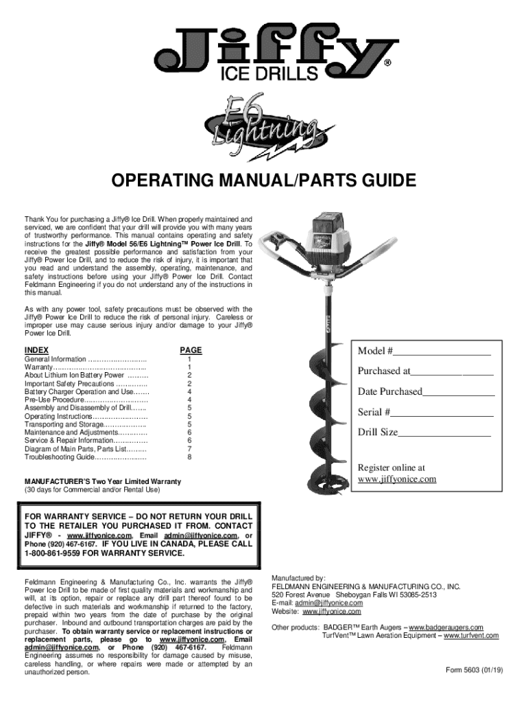 Fillable Online Jiffy Power Ice Drill OPERATING MANUAL/PARTS GUIDE ...