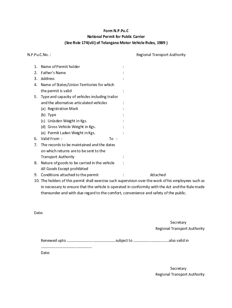 Fillable Online Form N.P.Pu.C National Permit for Public Carrier Fax ...
