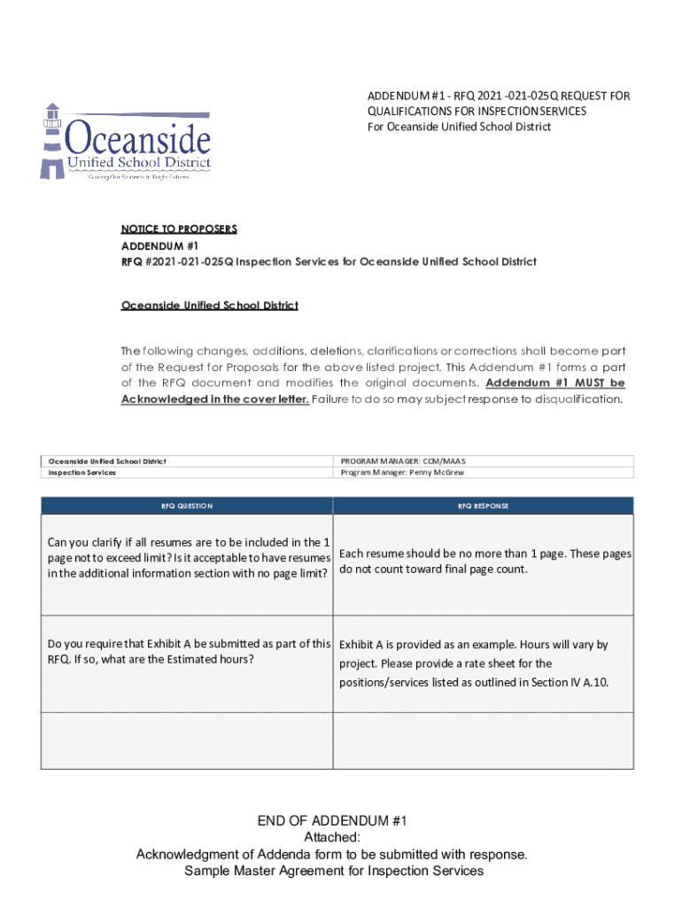 Fillable Online Acknowledgment of Addenda form to be submitted with ...