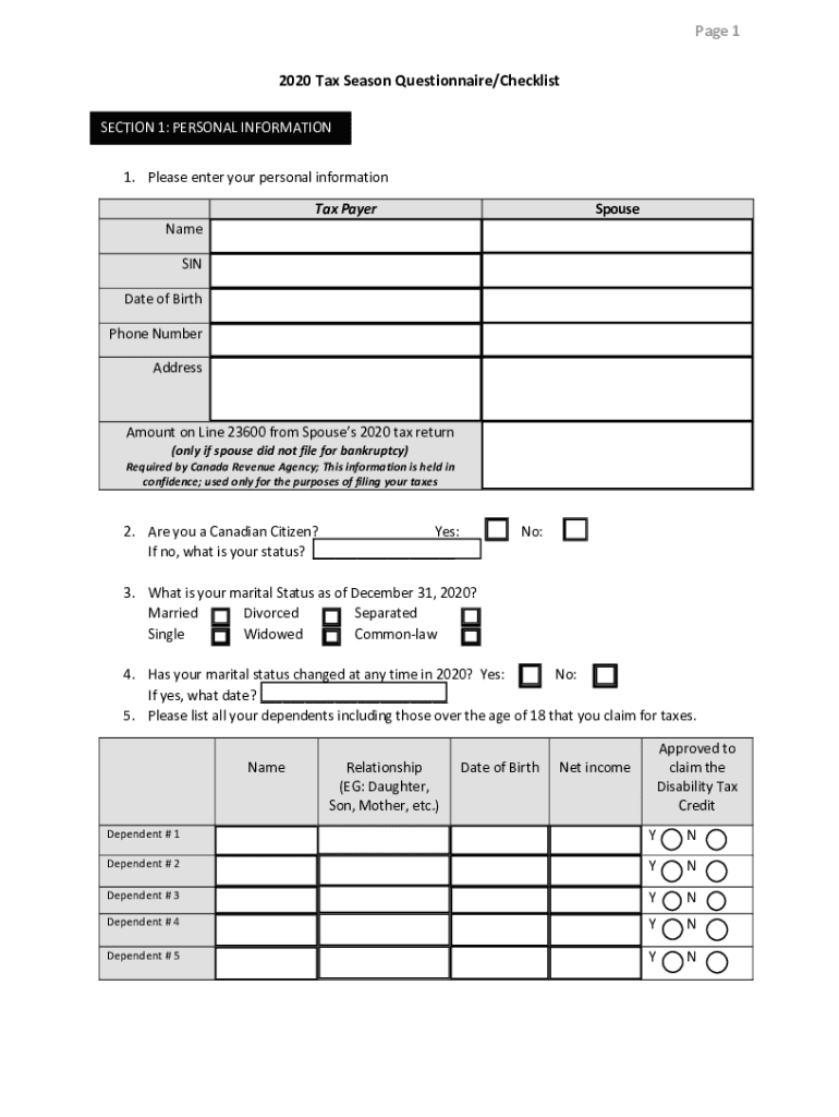 Fillable Online Page 1 2020 Tax Season Questionnaire/Checklist Fax ...