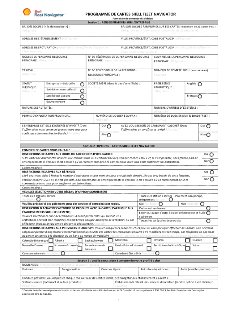 Fillable Online PROGRAMME DE CARTES SHELL FLEET NAVIGATOR Fax Email ...