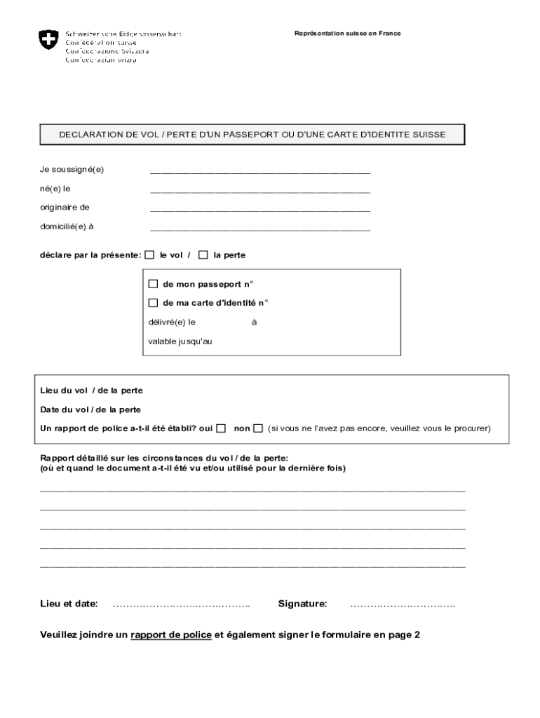 Fillable Online DECLARATION DE VOL / PERTE D'UN PASSEPORT OU D'UNE CARTE D ... Fax Email Print ...
