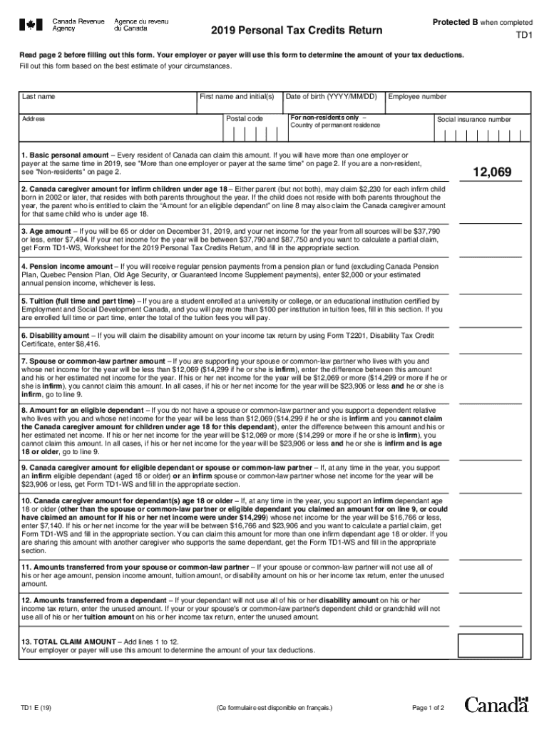 Fillable Online Income Tax return Form TD1 Personal.pdf - Protected B ...