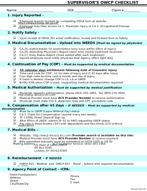 Fillable Online SUPERVISORS OWCP CHECKLIST Name DOI Claim 1 Injury Fax ...