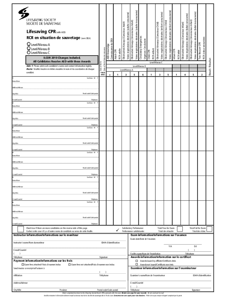 Fillable Online CPR Test Sheet 2011Rev - Lifesaving Society Manitoba ...