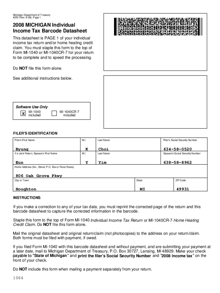 Fillable Online Form 4220 - Michigan Individual Income Tax Barcode ...