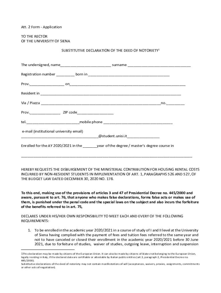 Fillable Online Att. 2 Form - Application OF THE UNIVERSITY OF SIENA ...