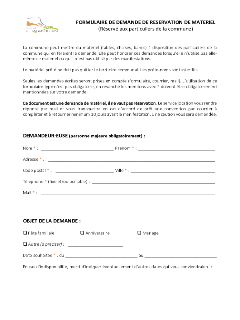 Fillable Online FORMULAIRE DE DEMANDE DE RESERVATION DE MATERIEL ...