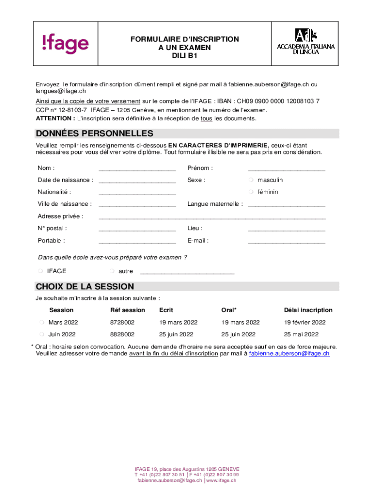 Fillable Online formulaire d'inscription a un examen dili b1 - Ifage ...