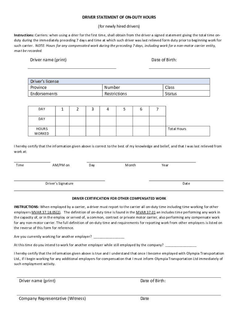 Fillable Online Statement of previous on-duty hours Fax Email Print ...