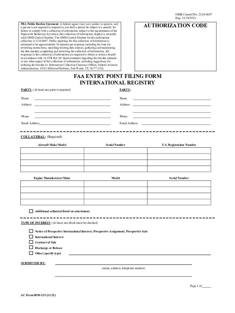 Fillable Online AC Form 8050-135, INTERNATIONAL REGISTRY ENTRY FORM Fax ...