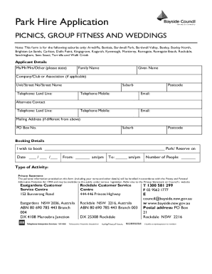Fillable Online Park Hire Application Form - Bayside Council Fax Email ...