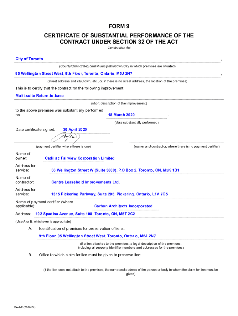 Fillable Online T6-09 RTB Form 9 - ONT - Certificate of Substantial ...