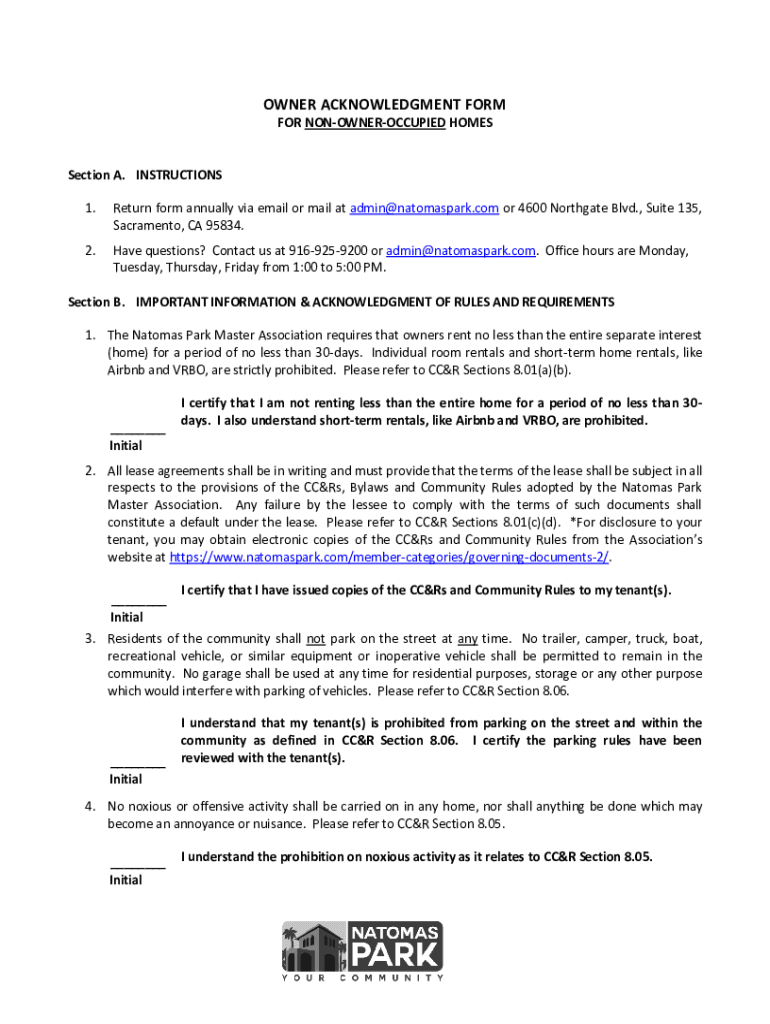 Fillable Online OWNER ACKNOWLEDGMENT FORM FOR NON-OWNER-OCCUPIED HOMES ...